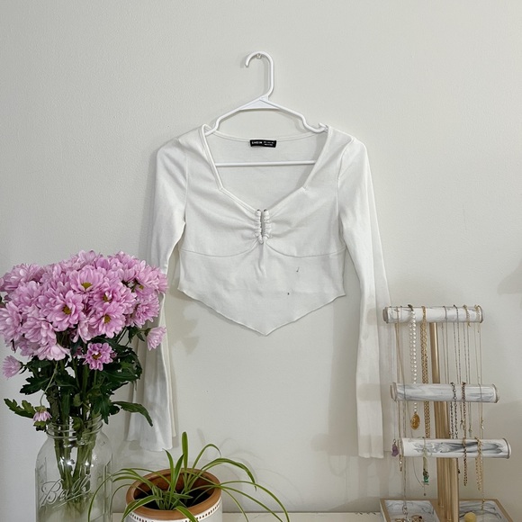 SHEIN | Tops | Shein White Crop Top Flare Sleeve Design Chest Very ...